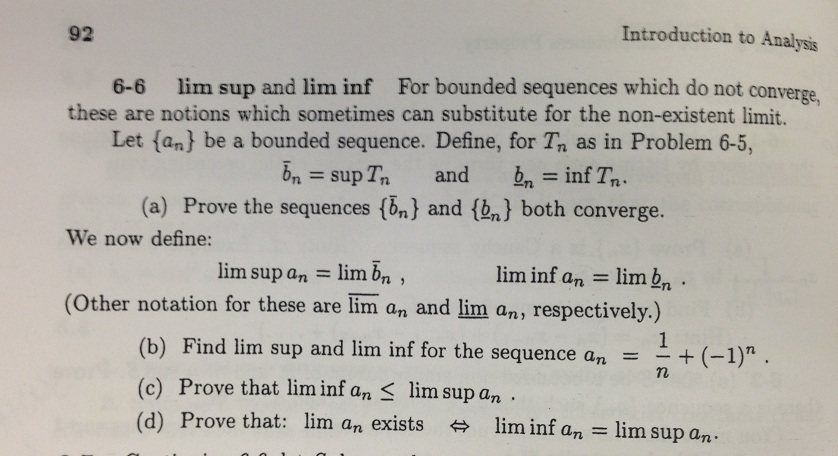 lim sup and lim inf from intro to analysis by mattuck | Chegg.com