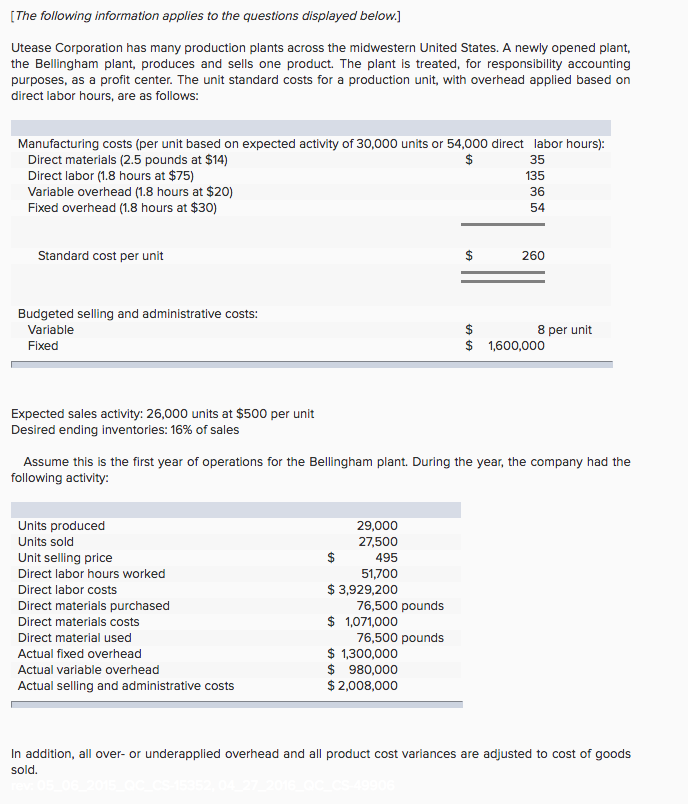 Solved Utease Corporation has many production plants across | Chegg.com