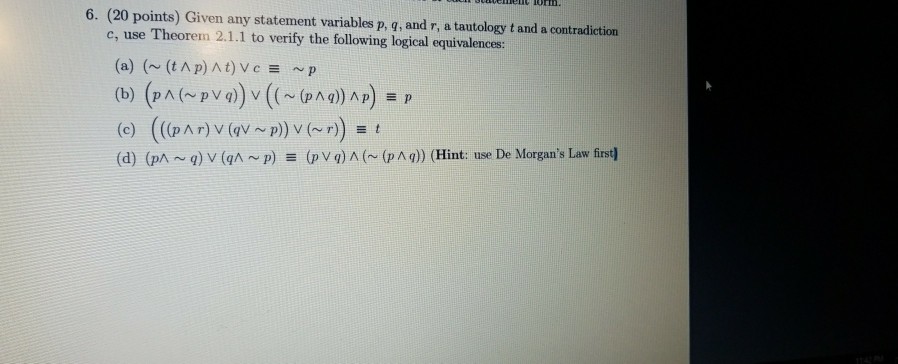 Solved (20 points) Given any statement variables p, q, and | Chegg.com
