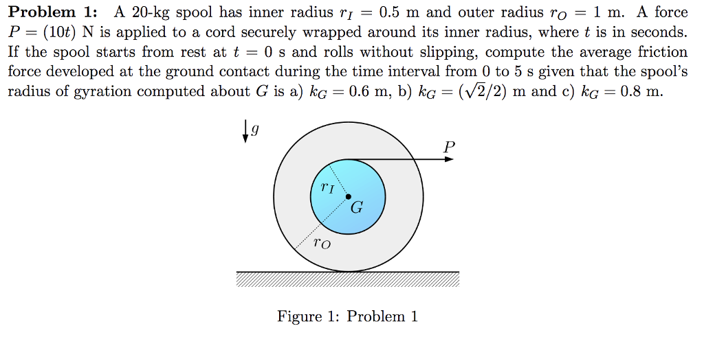 Solved Problem 1: A 20-kg spool has inner radius0.5 m and | Chegg.com