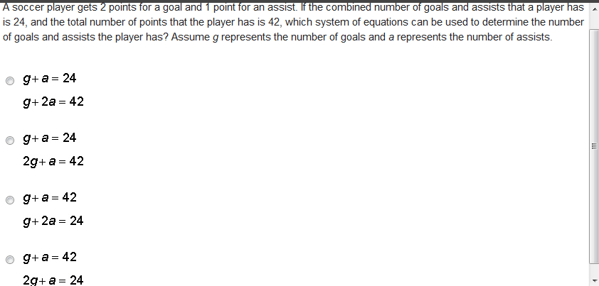 Solved A soccer player gets 2 points for a goal and 1 point | Chegg.com