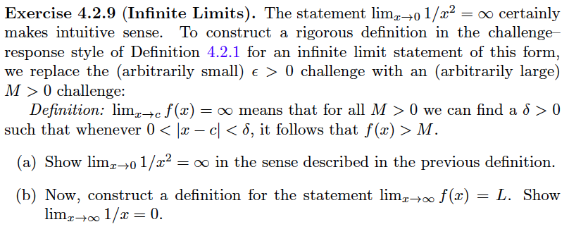 Solved Exercise 4.2.9 (Infinite Limits). The statement lim㈠0 | Chegg.com