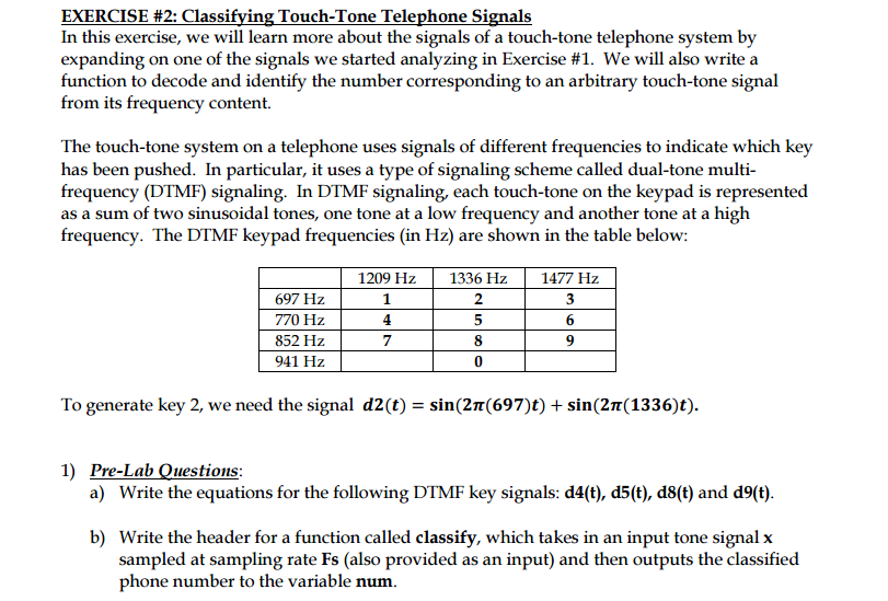EXERCISE #2: Classifying Touch-Tone Telephone Signals | Chegg.com