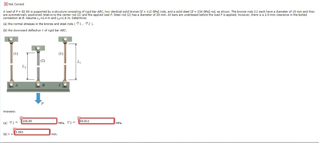 Solved Not Correct A load of P 82 kN s supported by a | Chegg.com