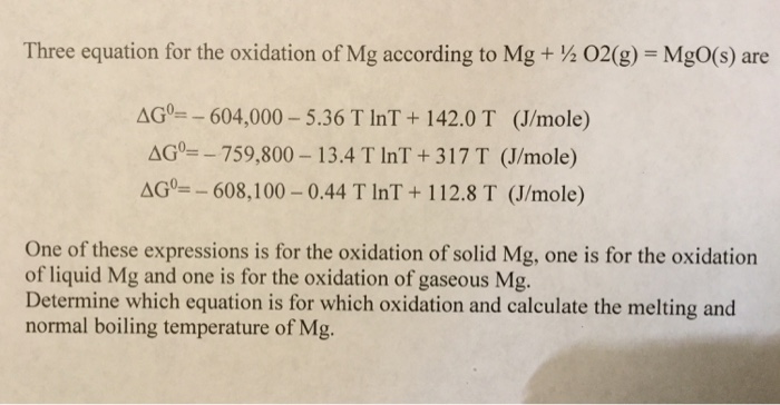 Solved Three equation for the oxidation of Mg according to | Chegg.com