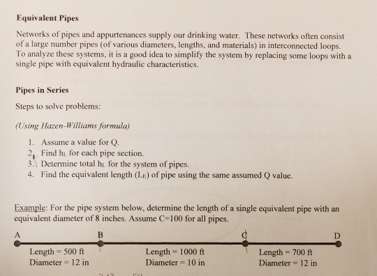 Solved Equivalent Pipes Networks of pipes and appurtenances | Chegg.com