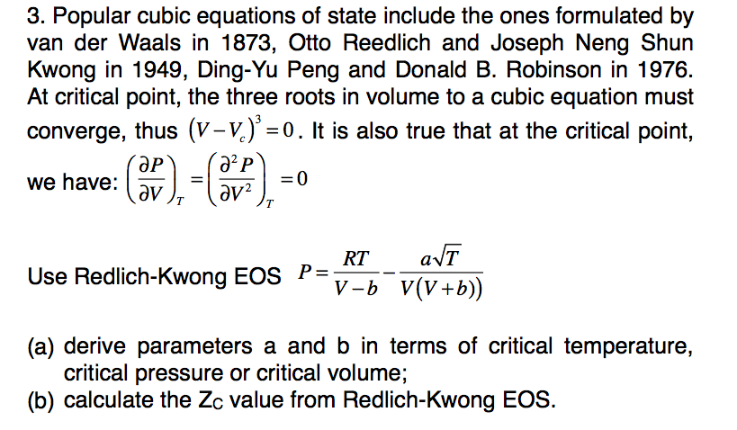 Solved Popular cubic equations of state include the ones | Chegg.com