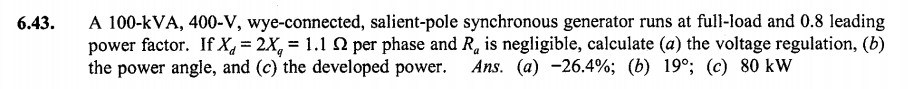 Solved A 100-kVA, 400-V, wye-connected, salient-pole | Chegg.com