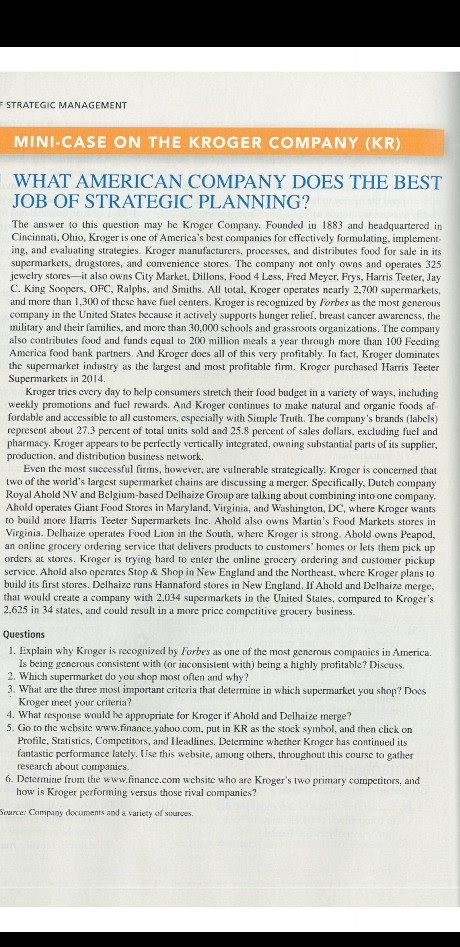 Solved STRATEGIC MANAGEMENT MINI CASE ON THE KROGER COMPANY | Chegg.com