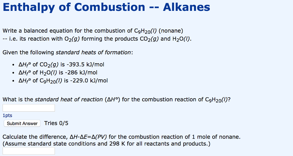 Solved Enthalpy of Combustion Alkanes Write a balanced | Chegg.com