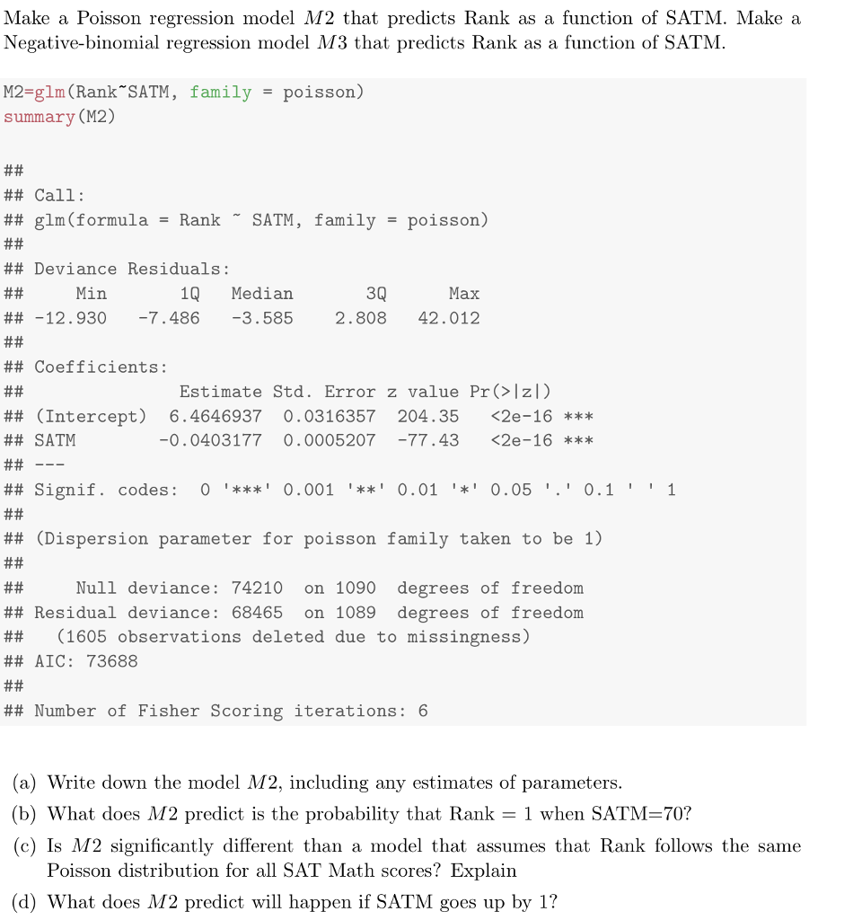 Make a Poisson regression model M2 that predicts Rank | Chegg.com