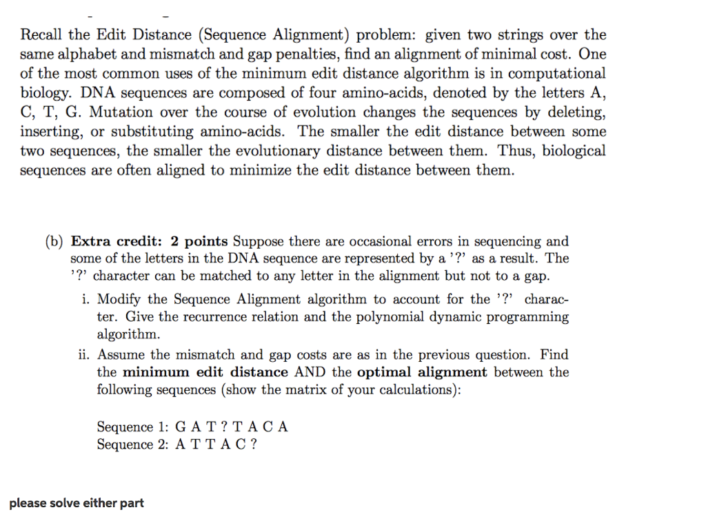 Solved Recall the Edit Distance (Sequence Alignment) | Chegg.com