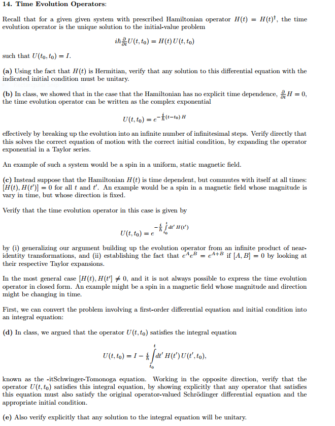 14. Time Evolution Operators: Recall that for a given | Chegg.com