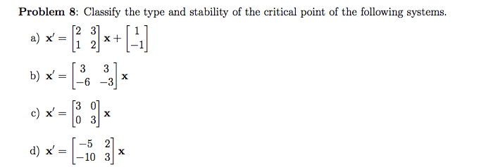 Solved Classify the type and stability of the critical point | Chegg.com