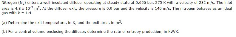 Solved Nitrogen (N2) enters a well-insulated diffuser | Chegg.com