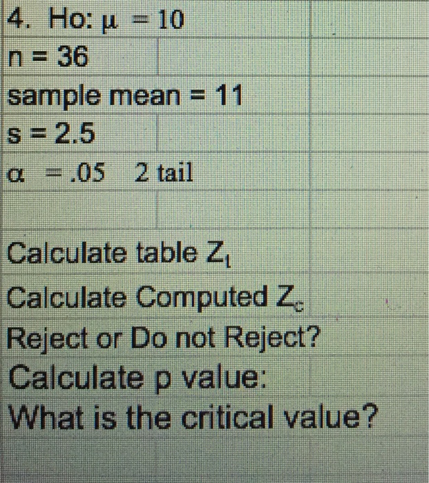 Solved Ho: mu = 10 alpha =.05 2 tail Calculate table Z, | Chegg.com