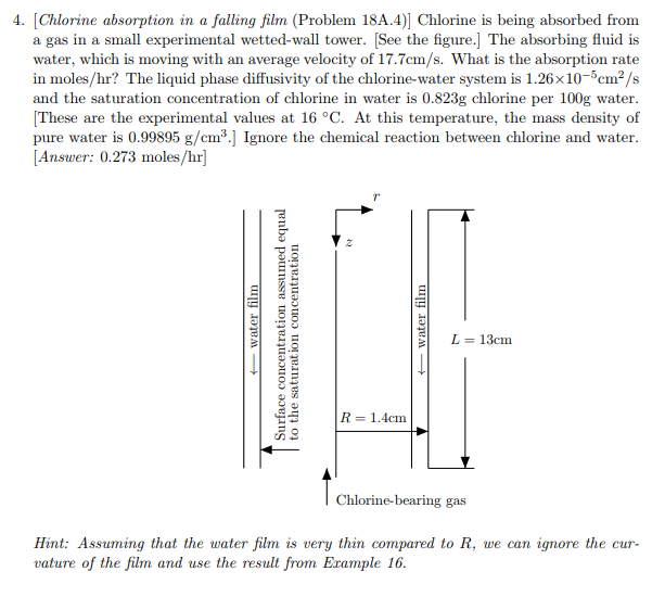 Solved 4. [Chlorine absorption in a falling film (Problem | Chegg.com