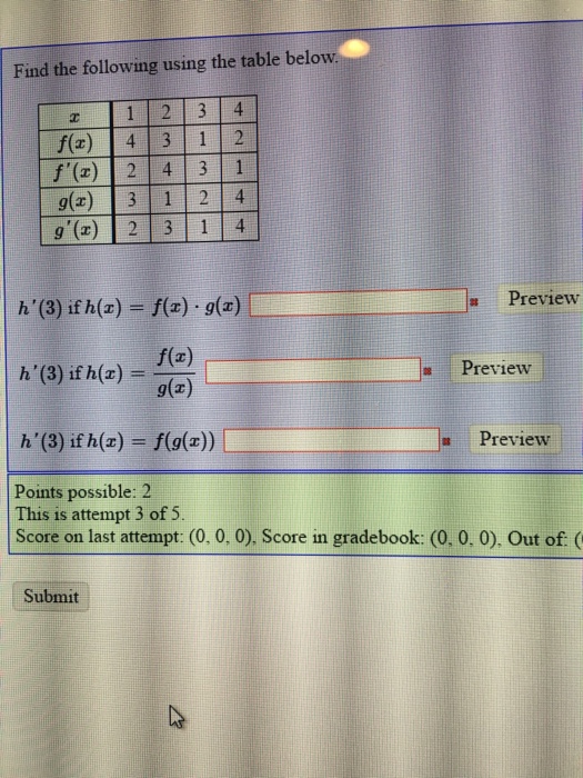 Solved Find the following using the table below. h'(3) if | Chegg.com