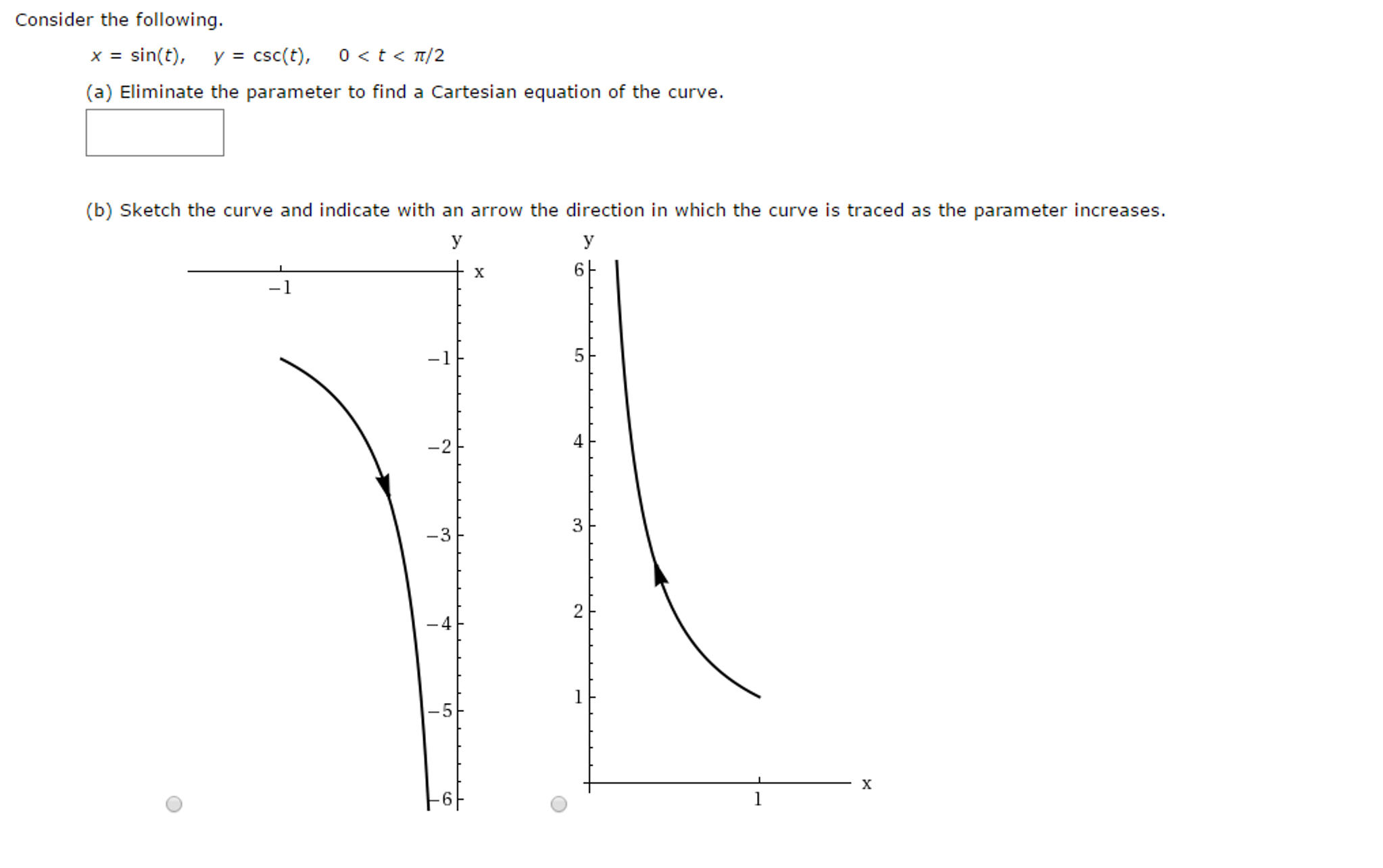 Solved Consider the following. x = sin(t), y = csc(t), O