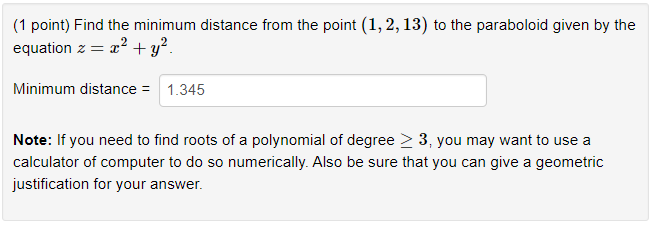Solved (1 point) Find the minimum distance from the point | Chegg.com