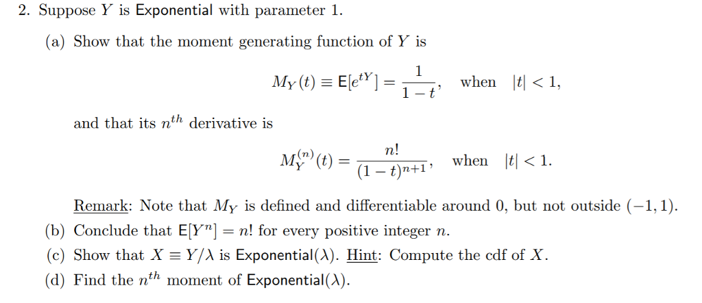 Solved 2. Suppose Y is Exponential with parameter 1 (a) Show | Chegg.com