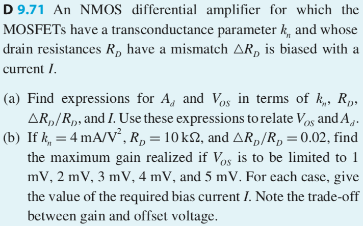 Solved D 9.71 An NMOS differential amplifier for which the | Chegg.com