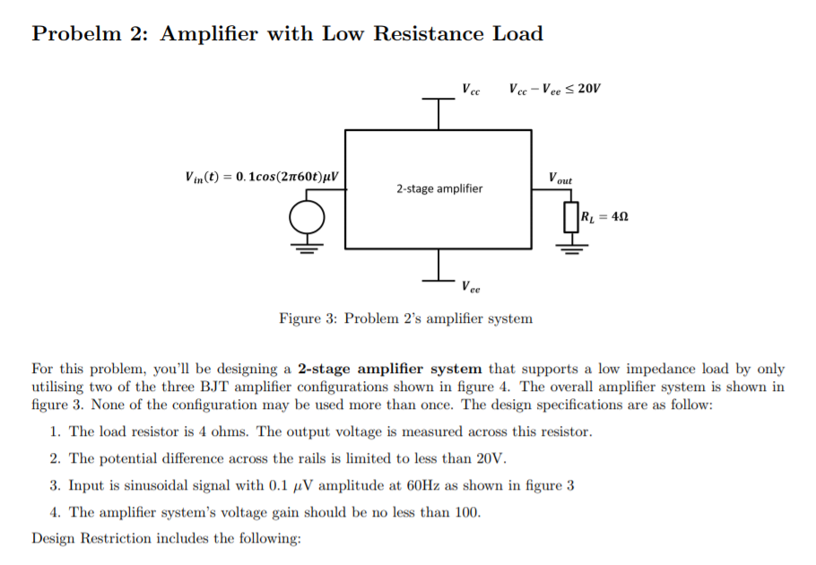 Probelm 2: Amplifier with Low Resistance Load Vin(t) | Chegg.com