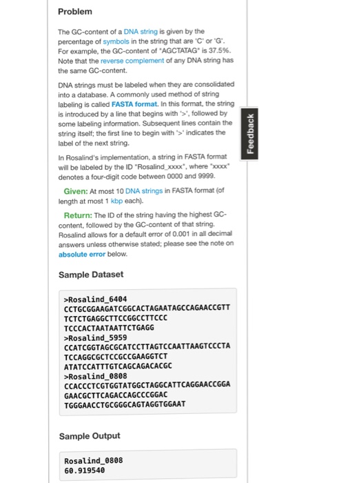 Solved Problem The GC-content of a DNA string is given by | Chegg.com