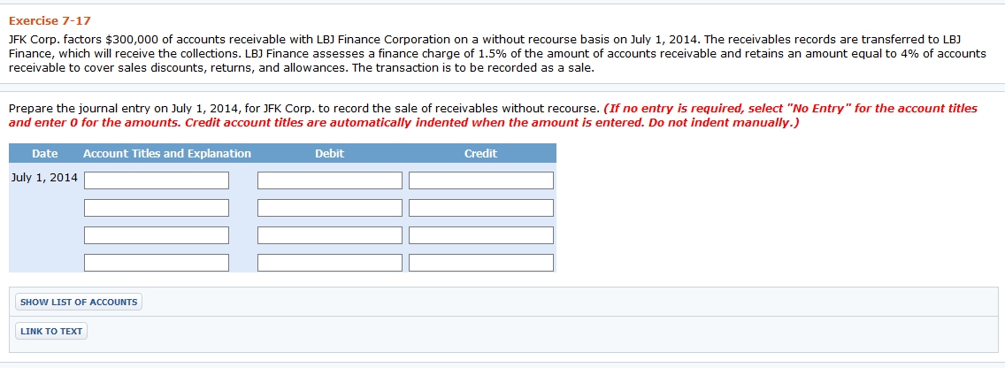 Solved JFK Corp. factors $300,000 of accounts receivable | Chegg.com