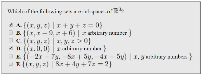 Solved Which of the following sets are subspaces of R^3? A. | Chegg.com