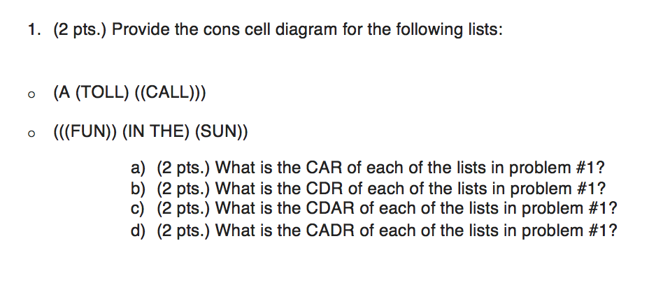 1. (2 pts.) Provide the cons cell diagram for the | Chegg.com