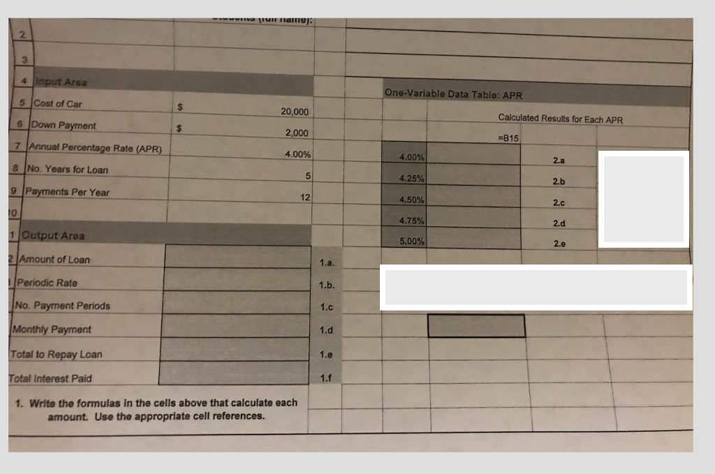 Solved 2 Area One-Variable Data Table: APR 5 Cost of Car | Chegg.com