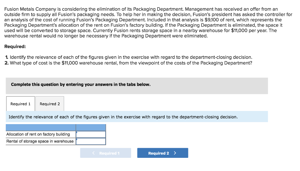 Solved Fusion Metals Company is considering the elimination | Chegg.com