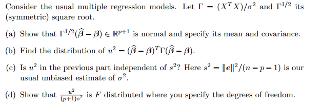 Solved Consider the usual multiple regression models. Let | Chegg.com