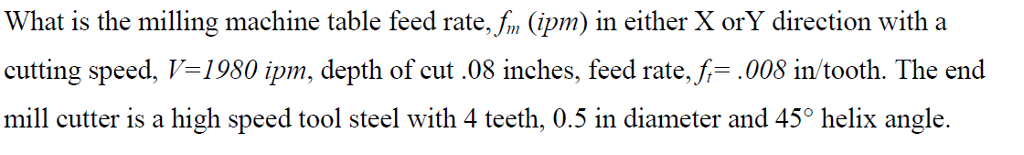 Solved What is the milling machine table feed rate, f_m | Chegg.com