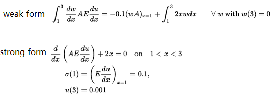 Solved weak formm strong form -(AE-) + 2x = 0 on 1