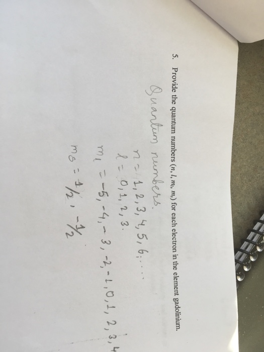 Solved Provide the quantum numbers (n, l, m_l, m_s) for each | Chegg.com