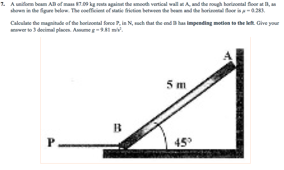 Solved A uniform beam AB of mass 87.09 kg rests against the | Chegg.com