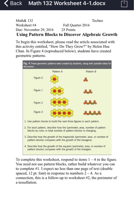 Solved Using Pattern Blocks to Discover Algebraic Growth To | Chegg.com