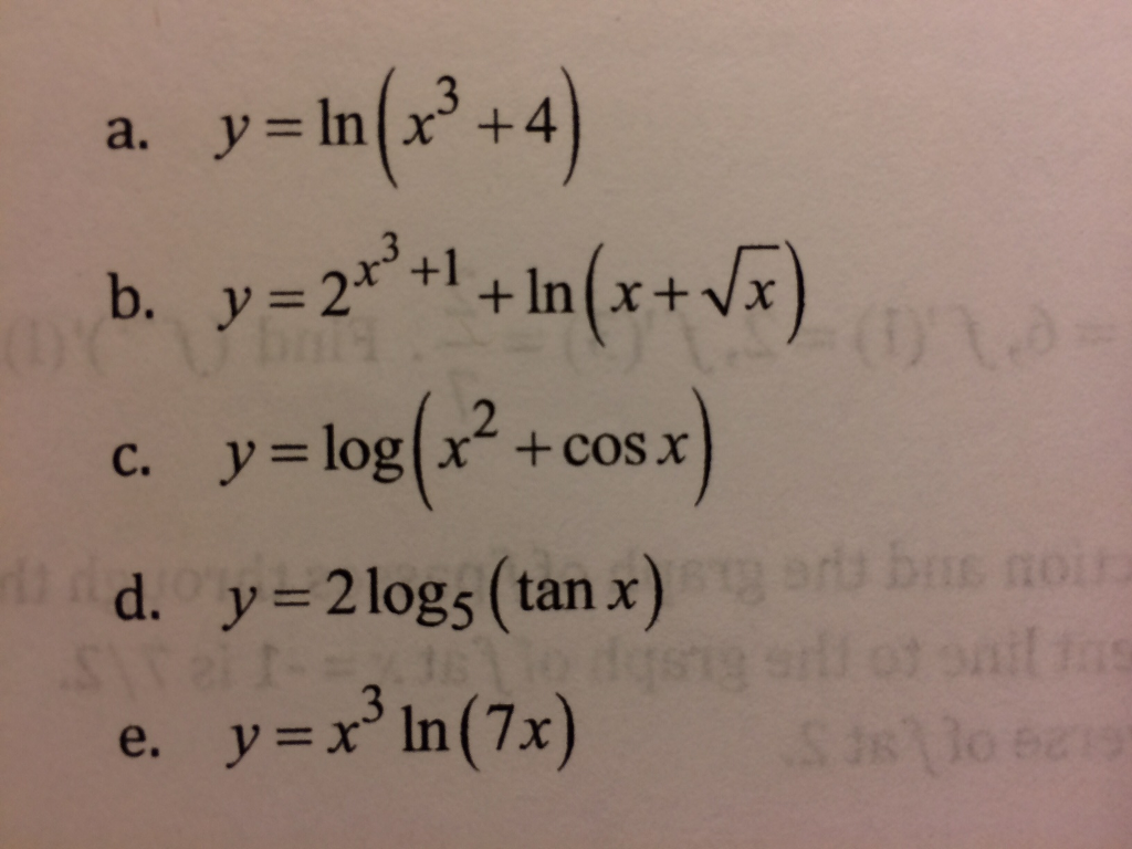 Solved Find the derivatives y = ln(x^3 + 4) y = 2^x^3 + 1 + | Chegg.com