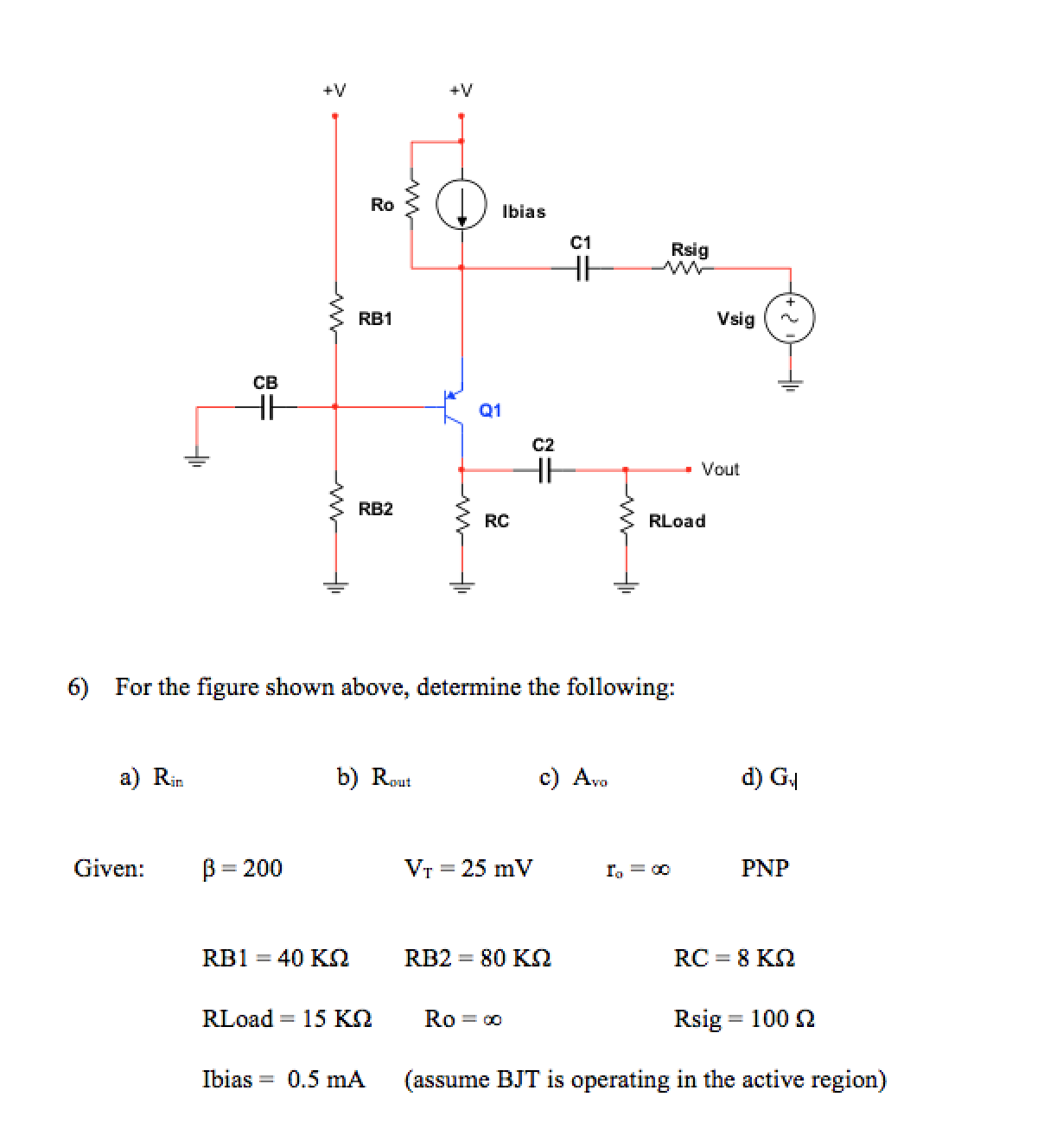Solved +V Ro bias C1 Rsig vsig RB1 CB Q1 C2 Vout RB2 RC | Chegg.com