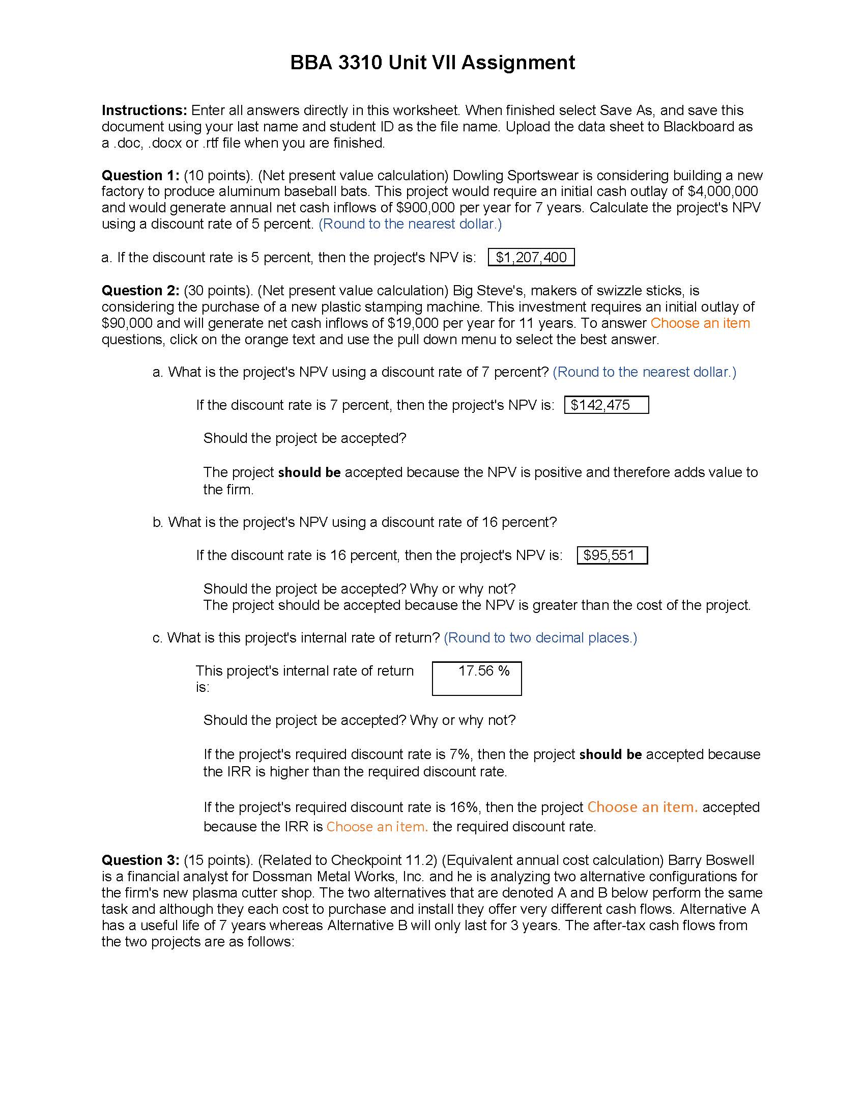 Solved BBA 3310 Unit VIl Assignment Instructions: Enter all | Chegg.com