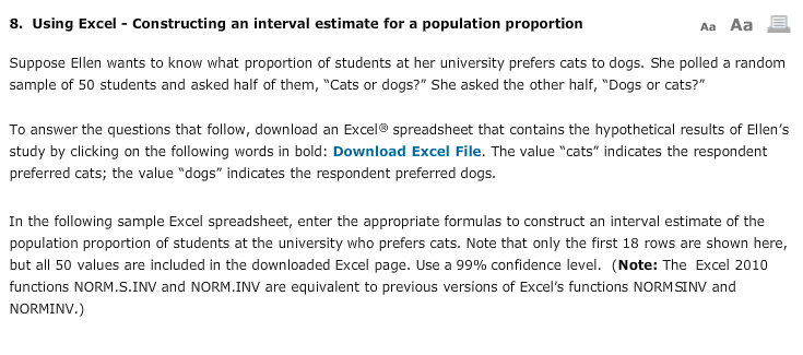 8. Using Excel Constructing an interval estimate for | Chegg.com