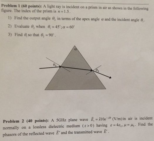 Solved A light ray is incident on a prism in air as shown in | Chegg.com