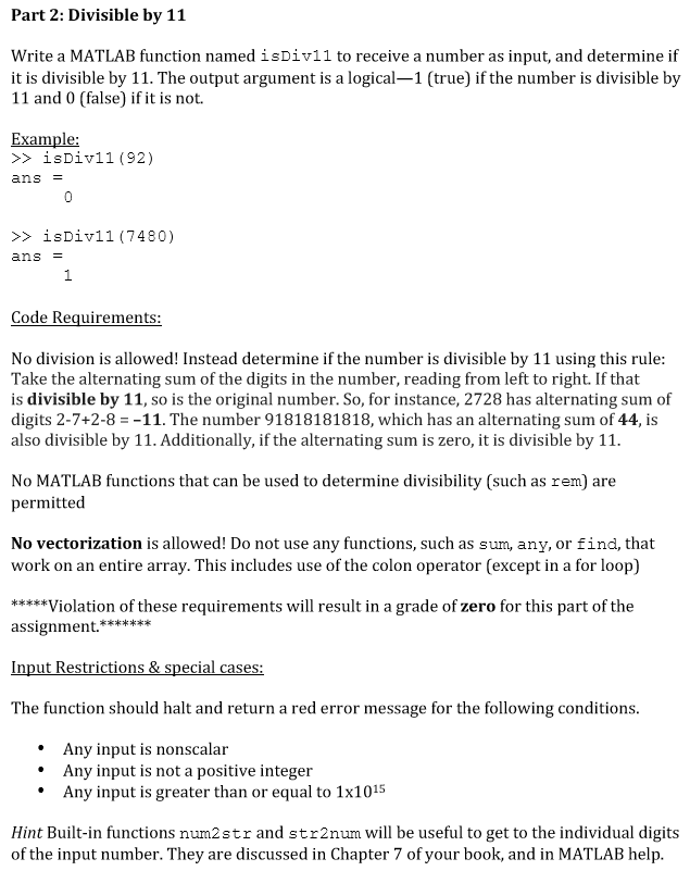 Solved Write a MATLAB function named isDivll to receive a | Chegg.com