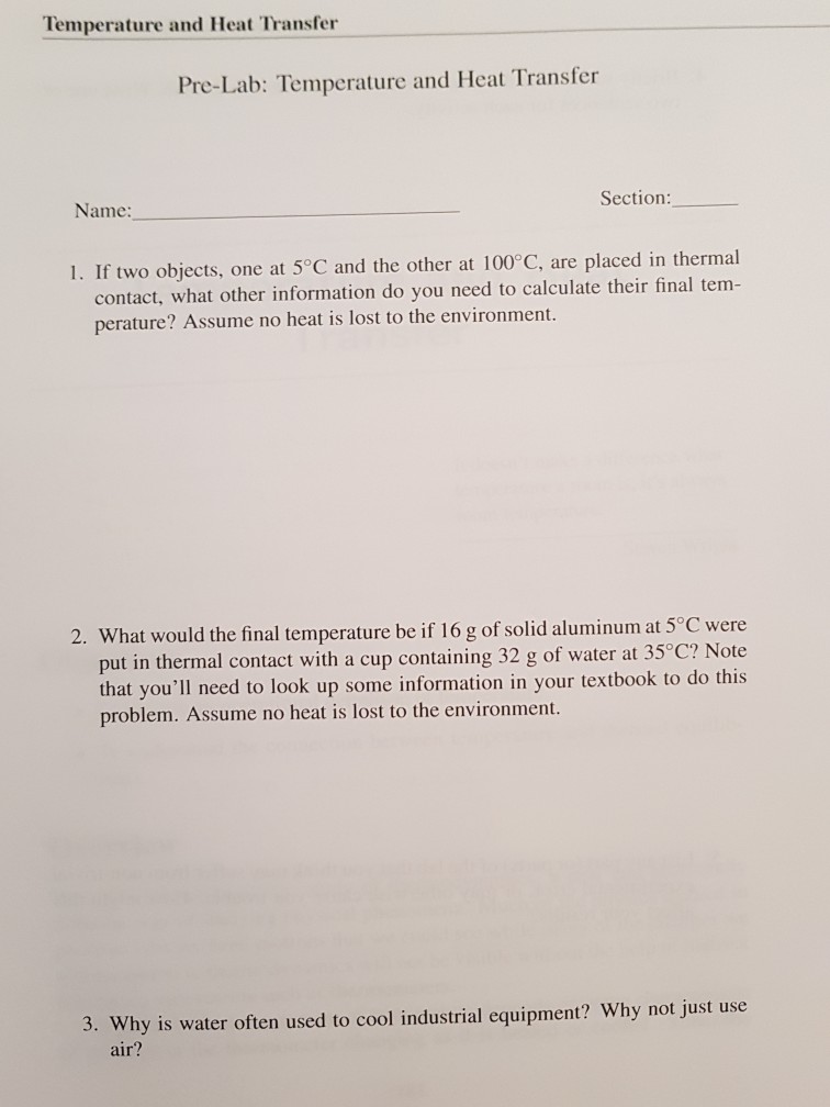 Solved Temperature and Heat Transfer Pre-Lab: Temperature | Chegg.com