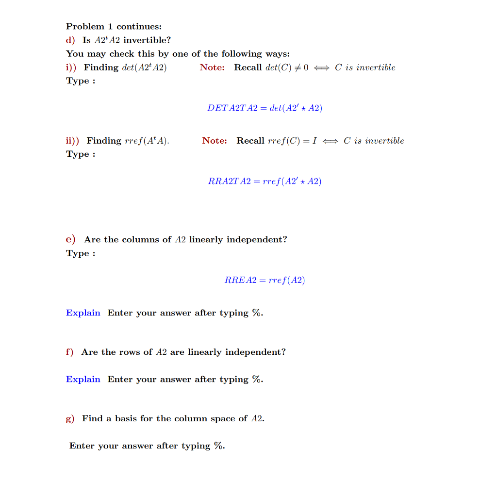 Solved 9Exercise: 1. Enter matrices A2 and b2 by typing Type | Chegg.com