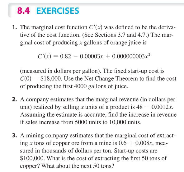 Solved 8.4 EXERCISES 1. The marginal cost function C'(x was | Chegg.com