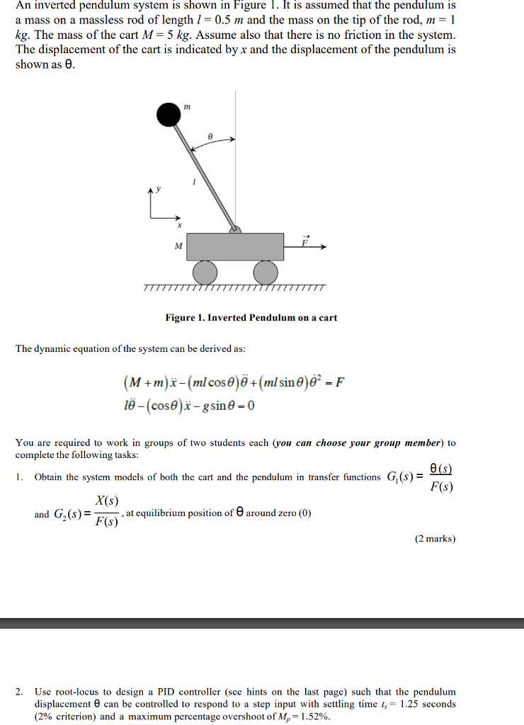 Solved An inverted pendulum system is shown in Figure 1. It | Chegg.com