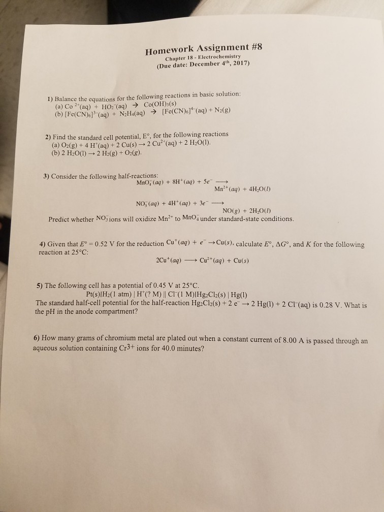 Solved Homework Assignment #8 Chapter 18 Electrochemistry | Chegg.com Solved Homework Assignment #8 Chapter 18 Electrochemistry | Chegg.com